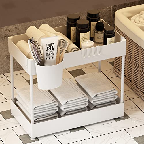 Under Sink Organizer, Under Bathroom Cabinet Storage 2 Tier Under Sink Storage Rack with 6 Hooks, Under Cabinet Organizer Baskets, Multi-purpose Under Sink Shelf Organizer for Bathroom Kitchen