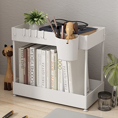 Under Sink Organizer, Under Bathroom Cabinet Storage 2 Tier Under Sink Storage Rack with 6 Hooks, Under Cabinet Organizer Baskets, Multi-purpose Under Sink Shelf Organizer for Bathroom Kitchen