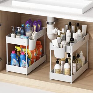 Under Sink Organizer, Under Bathroom Cabinet Storage 2 Tier Under Sink Storage Rack with 6 Hooks, Under Cabinet Organizer Baskets, Multi-purpose Under Sink Shelf Organizer for Bathroom Kitchen