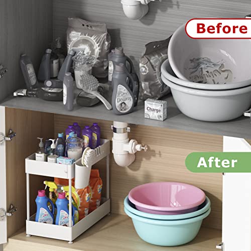 Under Sink Organizer, Under Bathroom Cabinet Storage 2 Tier Under Sink Storage Rack with 6 Hooks, Under Cabinet Organizer Baskets, Multi-purpose Under Sink Shelf Organizer for Bathroom Kitchen