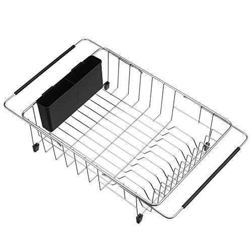 iPEGTOP Expandable Deep & Large Dish Drying Rack, Over The Sink, in Sink Or On Counter Dish Drainer Basket Shelf with Black Removable Utensil Silverware Holder, Rustproof Stainless Steel