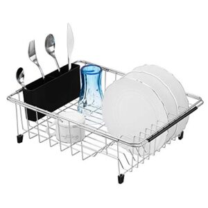 iPEGTOP Expandable Deep & Large Dish Drying Rack, Over The Sink, in Sink Or On Counter Dish Drainer Basket Shelf with Black Removable Utensil Silverware Holder, Rustproof Stainless Steel