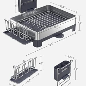 SONGMICS Dish Drying Rack, Stainless Steel Dish Racks for Kitchen Counter, Dish drainers with 360° Rotatable Spout, Removable Drainboard, Fingerprint-Proof, Silver and Gray UKCS030E01