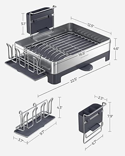 SONGMICS Dish Drying Rack, Stainless Steel Dish Racks for Kitchen Counter, Dish drainers with 360° Rotatable Spout, Removable Drainboard, Fingerprint-Proof, Silver and Gray UKCS030E01