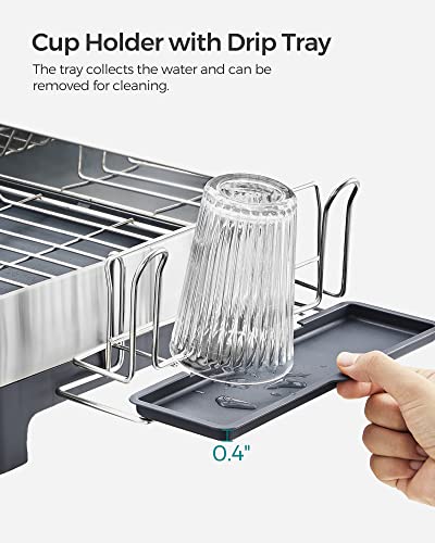 SONGMICS Dish Drying Rack, Stainless Steel Dish Racks for Kitchen Counter, Dish drainers with 360° Rotatable Spout, Removable Drainboard, Fingerprint-Proof, Silver and Gray UKCS030E01