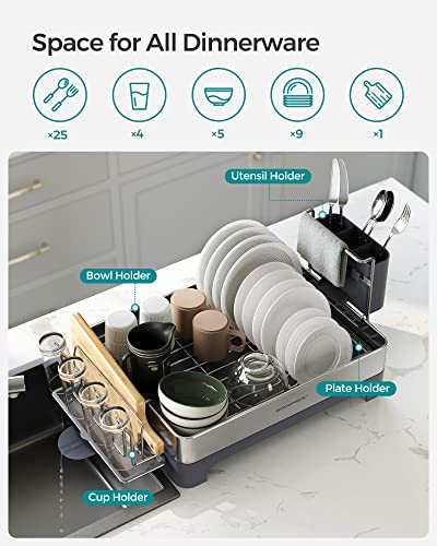 SONGMICS Dish Drying Rack, Stainless Steel Dish Racks for Kitchen Counter, Dish drainers with 360° Rotatable Spout, Removable Drainboard, Fingerprint-Proof, Silver and Gray UKCS030E01