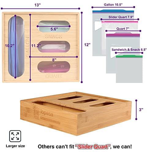 LOPASA Ziplock Bag Organizer for Drawer, Food Storage Bag Organizer Sandwich Bag Organizer for Kitchen, Plastic Lunch Bag Holder, Bamboo Baggie Container(1 Box 4 Slots)