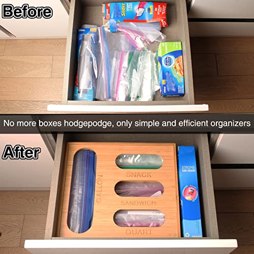 LOPASA Ziplock Bag Organizer for Drawer, Food Storage Bag Organizer Sandwich Bag Organizer for Kitchen, Plastic Lunch Bag Holder, Bamboo Baggie Container(1 Box 4 Slots)