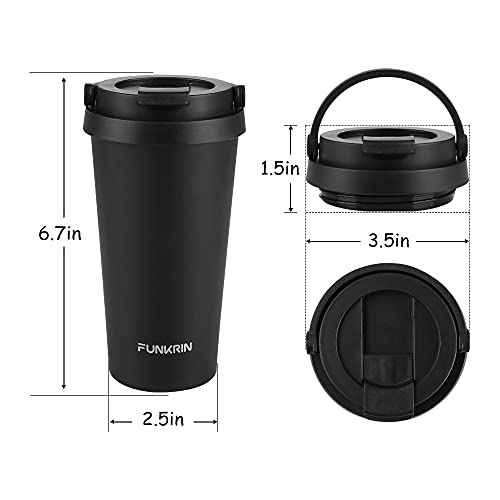 Funkrin Insulated Coffee Mug with Ceramic Coating, 16oz Vacuum Stainless Steel Tea Tumbler with Lid and Handle, Double Wall Leak-Proof Thermos Mug for Travel Office School Party Camping