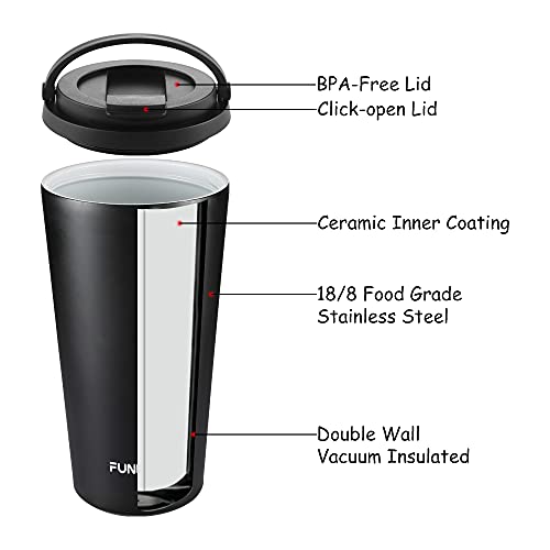 Funkrin Insulated Coffee Mug with Ceramic Coating, 16oz Vacuum Stainless Steel Tea Tumbler with Lid and Handle, Double Wall Leak-Proof Thermos Mug for Travel Office School Party Camping