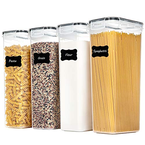 Vtopmart Airtight Food Storage Containers With Lids, 4 PCS 2.8L Pasta Containers for Pantry Organization and Storage, BPA Free Kitchen Storage Containers for Spaghetti, Flour, Sugar and Noodles, Black