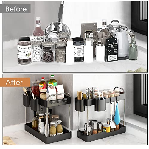 2 Pack Under Sink Organizer,2 Tier Under Sink Storage Organizer with Hooks and Hanging Cups for Bathroom,Kitchen Multi-Purpose Standing Rack Organizer,Bathroom Collection Baskets