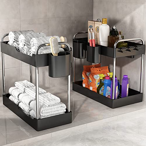 2 Pack Under Sink Organizer,2 Tier Under Sink Storage Organizer with Hooks and Hanging Cups for Bathroom,Kitchen Multi-Purpose Standing Rack Organizer,Bathroom Collection Baskets