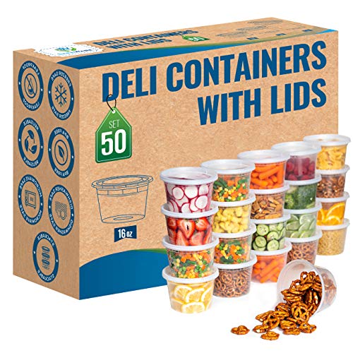 Deli Plastic Food Containers with Airtight Lids [50 Sets], Leakproof Slime Small Combo Pack [Reusable, Storage, Disposable, Meal Prep, Soup, Microwaveable & Freezer Safe] (16oz)