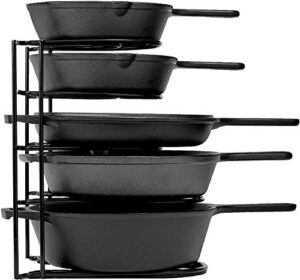 heavy duty pan organizer, 5 tier rack – holds up to 50 lb – holds cast iron skillets, griddles and shallow pots – durable steel construction – space saving kitchen storage – no assembly required