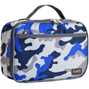 flowfly kids lunch box insulated soft bag mini cooler back to school thermal meal tote kit for girls, boys,blue camo