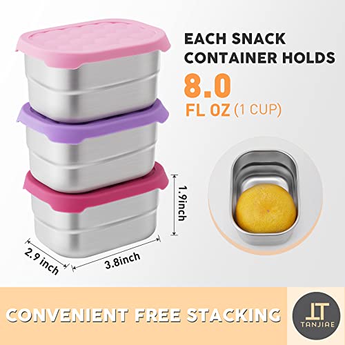 Tanjiae Stainless Steel Snack Containers for Kids | Easy Open Leak Proof Small Food Containers with Silicone Lids - Perfect Metal Toddler Lunch Box for Daycare and School (8oz)