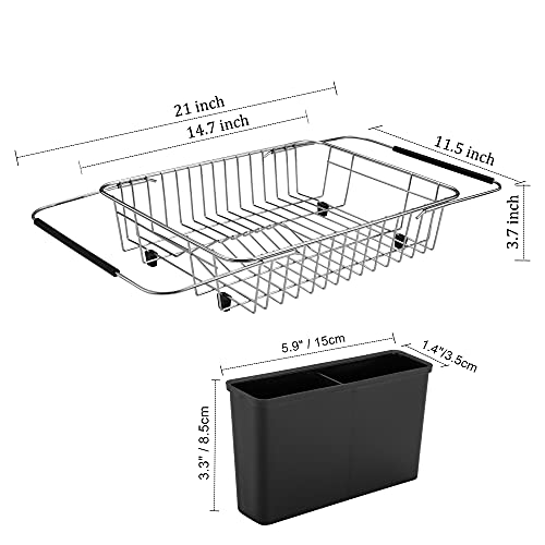 iPEGTOP Expandable Dish Drying Rack, Over The Sink Dish Rack, in Sink Or On Counter Dish Drainer Basket Shelf with Black Utensil Holder Cutlery Tray, Rustproof Stainless Steel for Kitchen