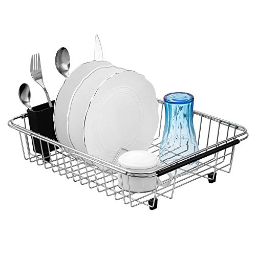 iPEGTOP Expandable Dish Drying Rack, Over The Sink Dish Rack, in Sink Or On Counter Dish Drainer Basket Shelf with Black Utensil Holder Cutlery Tray, Rustproof Stainless Steel for Kitchen