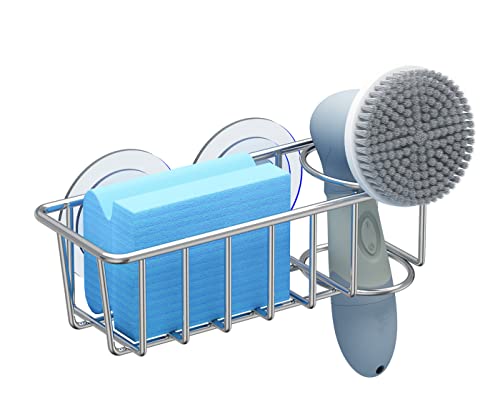 TESOT Sink Caddy Sponge Holder Brush Holder 2 in 1 with Upgraded Suction Cups or Using Adhesive Hooks, SUS304 Stainless Steel, Silver