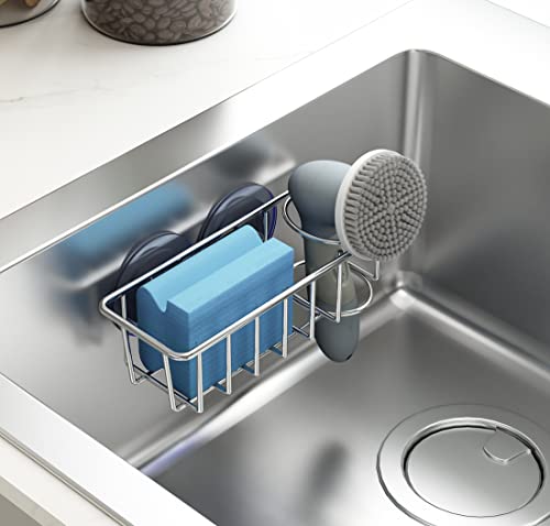 TESOT Sink Caddy Sponge Holder Brush Holder 2 in 1 with Upgraded Suction Cups or Using Adhesive Hooks, SUS304 Stainless Steel, Silver