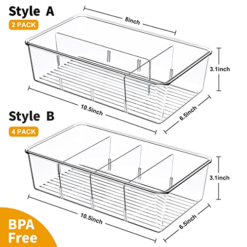 6 Pack Food Storage Organizer Bins, Clear Plastic Pantry Organizer with Removable Dividers, Pantry Organization and Storage, Fridge Organizer, Cabinet Organizers, for Packets, Snacks, Spice Packets