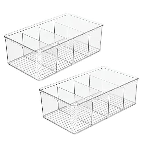 mDesign Plastic Divided Bin Storage Containers - Perfect for Fridge, Cabinet, Pantry, and Home Organization - Clear Plastic Organizer Bins - Refrigerator Organizers - Ligne Collection - 2 Pack, Clear