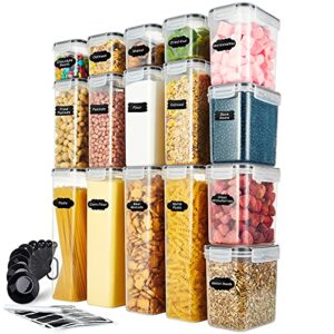 syntus cereal containers storage set, 16 pcs airtight pantry organization and plastic kitchen pasta food storage container with lids (28l), labels & spoon included