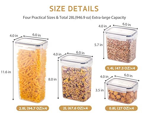 Syntus Cereal Containers Storage Set, 16 Pcs Airtight Pantry Organization and Plastic Kitchen Pasta Food Storage Container with Lids (28L), Labels & Spoon Included