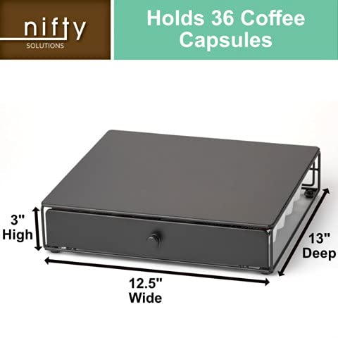 Nifty Coffee Pod Drawer – Compatible with K-Cups, 36 Pod Pack Holder, Non-Rolling, Compact Under Coffee Pot Storage Sliding Drawer, Home Kitchen Counter Organizer, Black