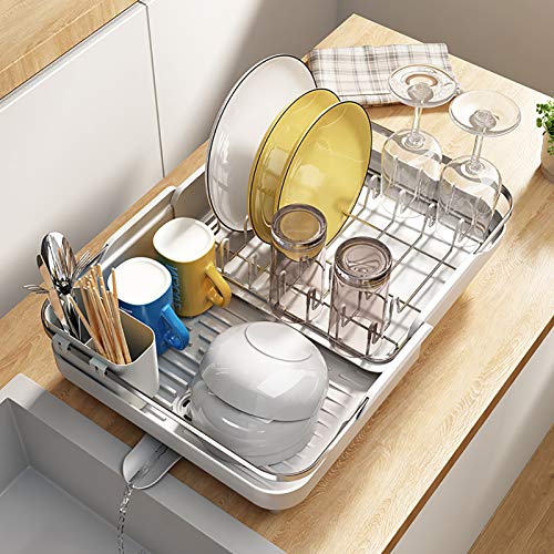 Dish Drying Rack, Stainless Steel Dish Rack and Drainaboard Set, Expandable(11.5"-19.3") Sink Dish Drainer with Cup Holder Utensil Holder for Kitchen Counter