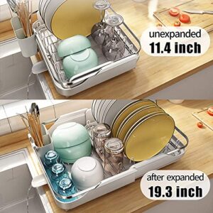 Dish Drying Rack, Stainless Steel Dish Rack and Drainaboard Set, Expandable(11.5"-19.3") Sink Dish Drainer with Cup Holder Utensil Holder for Kitchen Counter