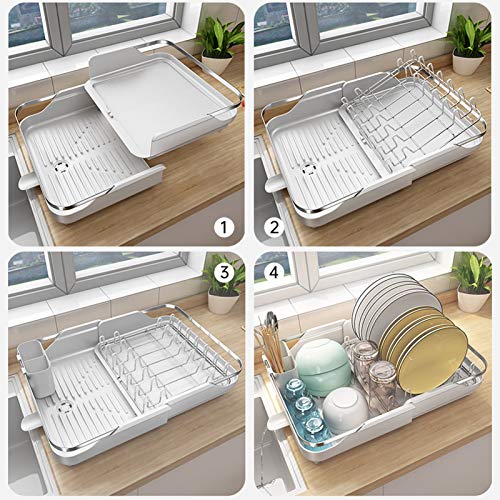 Dish Drying Rack, Stainless Steel Dish Rack and Drainaboard Set, Expandable(11.5"-19.3") Sink Dish Drainer with Cup Holder Utensil Holder for Kitchen Counter