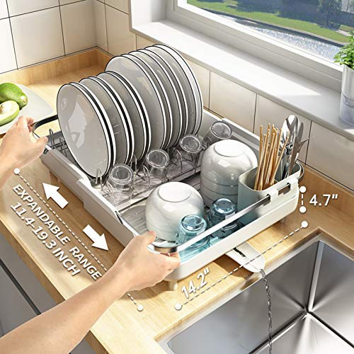 Dish Drying Rack, Stainless Steel Dish Rack and Drainaboard Set, Expandable(11.5"-19.3") Sink Dish Drainer with Cup Holder Utensil Holder for Kitchen Counter