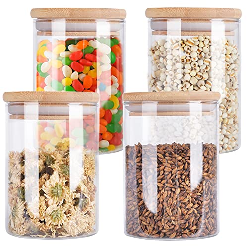 4 Pack Glass Storage Jars with Airtight Bamboo Lid, Aoeoe 27 OZ Glass Food Storage Jar, Glass Kitchen Canisters, Clear Container for Coffee Bean Storage, Dry Goods, Cookie, Candy, Tea, Spices and More