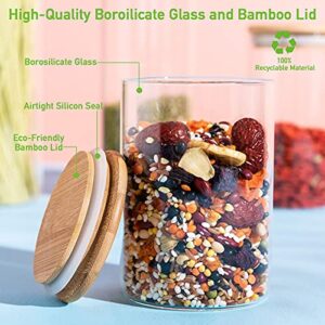 4 Pack Glass Storage Jars with Airtight Bamboo Lid, Aoeoe 27 OZ Glass Food Storage Jar, Glass Kitchen Canisters, Clear Container for Coffee Bean Storage, Dry Goods, Cookie, Candy, Tea, Spices and More