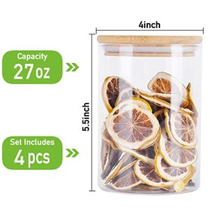 4 Pack Glass Storage Jars with Airtight Bamboo Lid, Aoeoe 27 OZ Glass Food Storage Jar, Glass Kitchen Canisters, Clear Container for Coffee Bean Storage, Dry Goods, Cookie, Candy, Tea, Spices and More