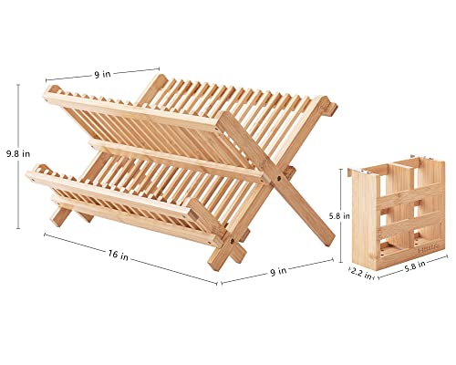 HBlife Dish Rack,Bamboo Folding 2-Tier Collapsible Drainer Dish Drying Rack with Utensils Flatware Holder Set (Dish Rack with Utensil Holder)