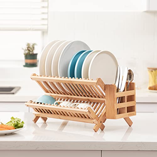 HBlife Dish Rack,Bamboo Folding 2-Tier Collapsible Drainer Dish Drying Rack with Utensils Flatware Holder Set (Dish Rack with Utensil Holder)