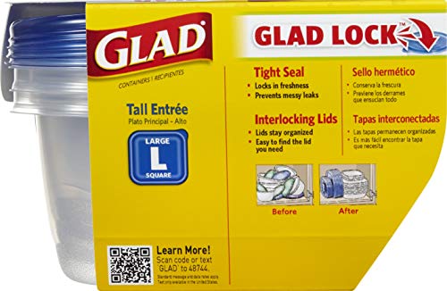 Glad GladWare Tall Entrée Food Storage Containers | Large Square Containers for Food Hold up to 42 Ounces of Food, 3 Count | Strong and Sturdy Large Food Storage Holders