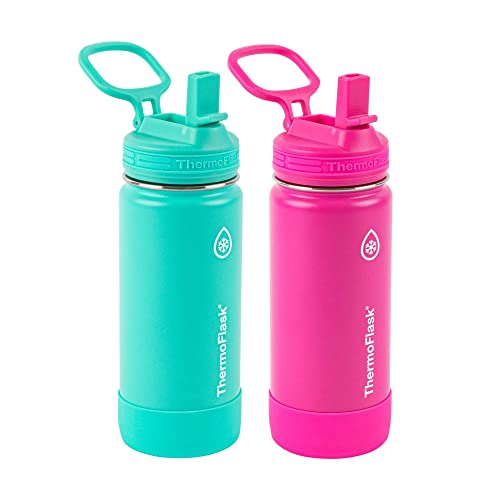 ThermoFlask Double Wall Vacuum Insulated Stainless Steel Kids Water Bottle with Straw Lid, 16 Ounce, 2-Pack, Aquamarine/Storm Pink