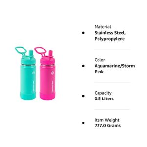 ThermoFlask Double Wall Vacuum Insulated Stainless Steel Kids Water Bottle with Straw Lid, 16 Ounce, 2-Pack, Aquamarine/Storm Pink