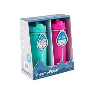 ThermoFlask Double Wall Vacuum Insulated Stainless Steel Kids Water Bottle with Straw Lid, 16 Ounce, 2-Pack, Aquamarine/Storm Pink