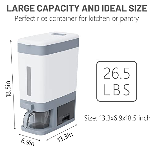 26.5 Lbs Rice Dispenser Large Sealed Grain Container Storage with Mesuring Cup, Airtight Design Food Dispenser, Kitchen Orgainzation Pantry Strore for Dry Food