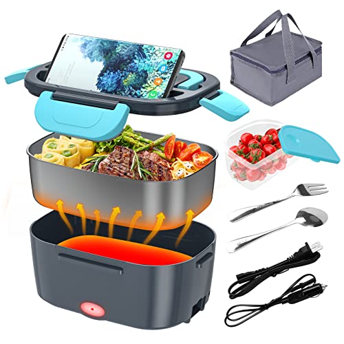 CHARMDOO Electric Lunch Box 60W Food Warmer Heater 12V 24V 110V Faster Heated Lunch Box for Car/Truck/Home Portable Heating Boxes with 1.5L 304 SS Container Fork & Spoon