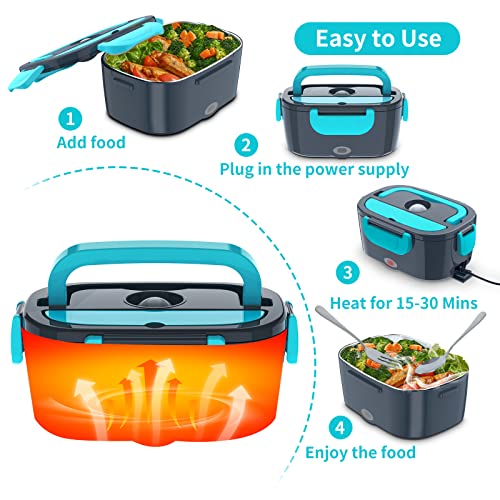 CHARMDOO Electric Lunch Box 60W Food Warmer Heater 12V 24V 110V Faster Heated Lunch Box for Car/Truck/Home Portable Heating Boxes with 1.5L 304 SS Container Fork & Spoon