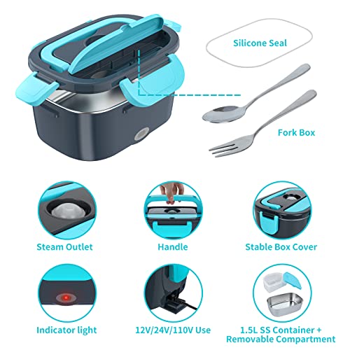 CHARMDOO Electric Lunch Box 60W Food Warmer Heater 12V 24V 110V Faster Heated Lunch Box for Car/Truck/Home Portable Heating Boxes with 1.5L 304 SS Container Fork & Spoon