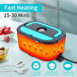 CHARMDOO Electric Lunch Box 60W Food Warmer Heater 12V 24V 110V Faster Heated Lunch Box for Car/Truck/Home Portable Heating Boxes with 1.5L 304 SS Container Fork & Spoon