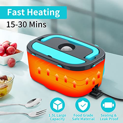 CHARMDOO Electric Lunch Box 60W Food Warmer Heater 12V 24V 110V Faster Heated Lunch Box for Car/Truck/Home Portable Heating Boxes with 1.5L 304 SS Container Fork & Spoon