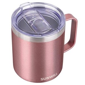 sunwill coffee mug with handle, 14oz insulated stainless steel coffee travel mug, double wall vacuum reusable coffee cup with lid, rose gold